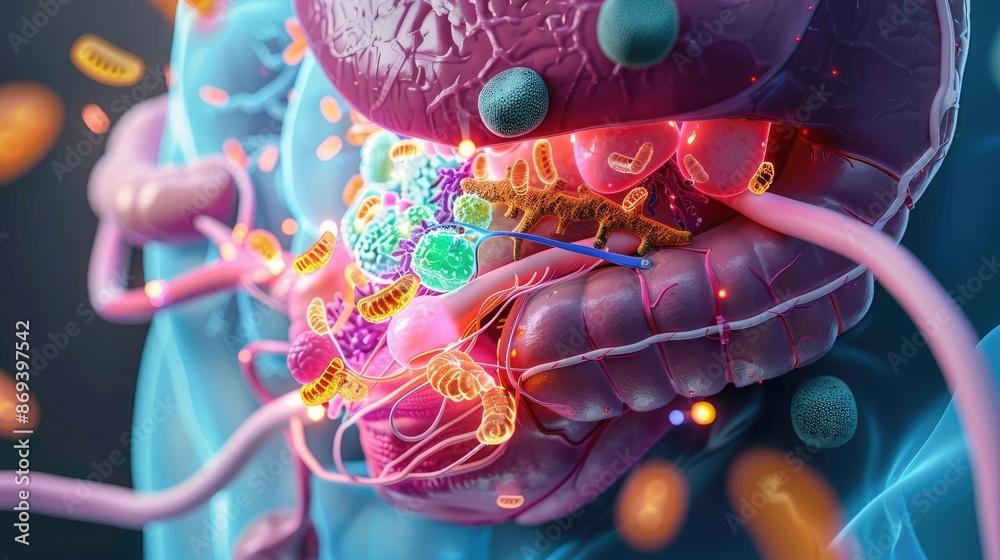 Detailed illustration of the human pancreas, focusing on enzymes and ...