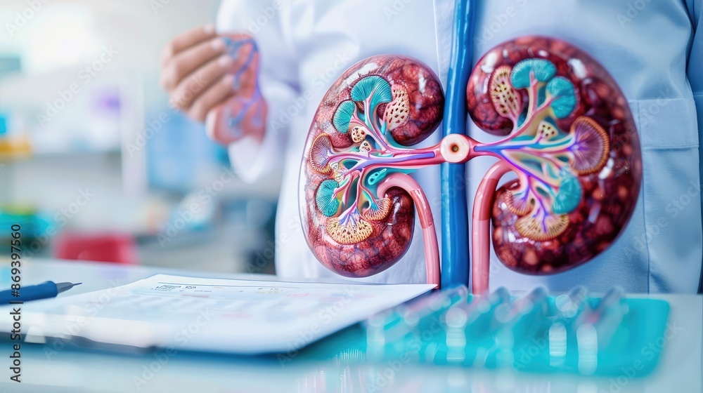 High-resolution image of the kidneys, focusing on nephrons and ...