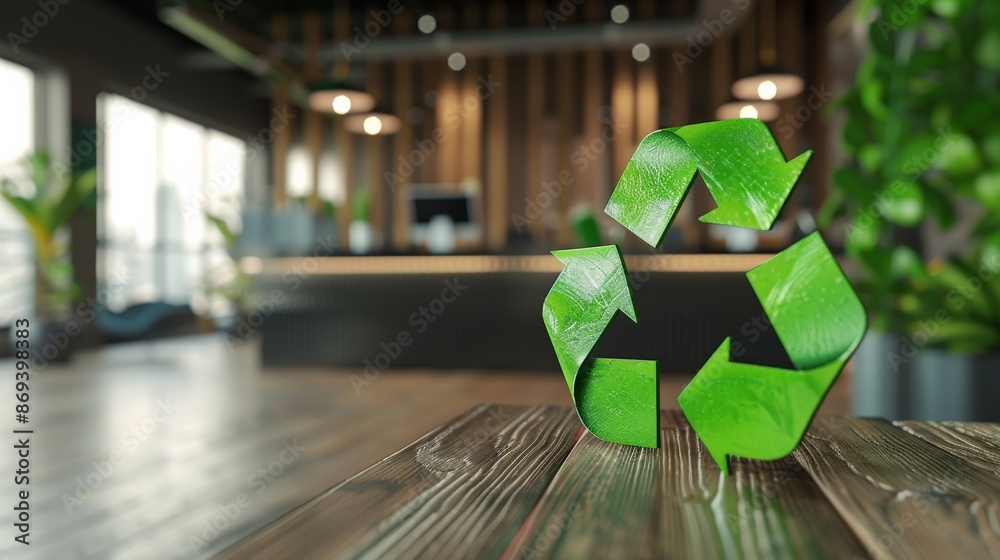 Green recycle symbol icon sign with modern office interior background ...