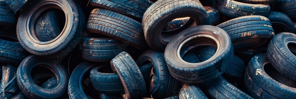 Landfill with old tires and tyres for recycling, Reuse of waste rubber ...