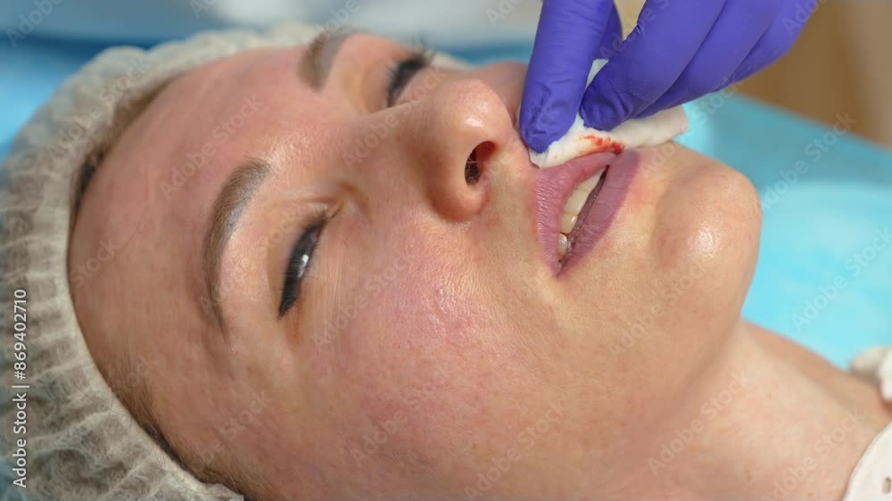 Doctor cosmetologist wipes lips with cotton pad with alcohol after ...