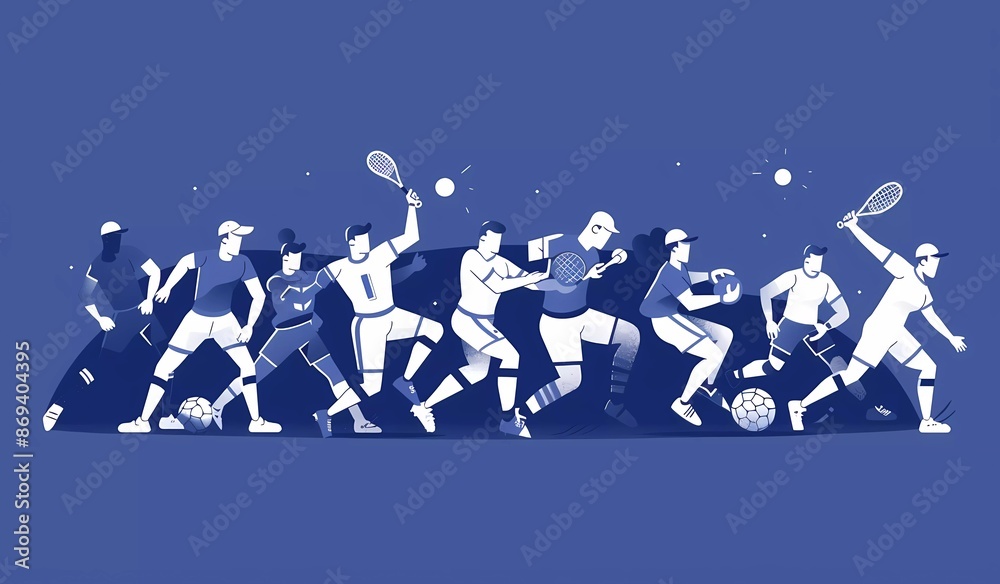 flat illustration of multiple sports characters in action, white and ...
