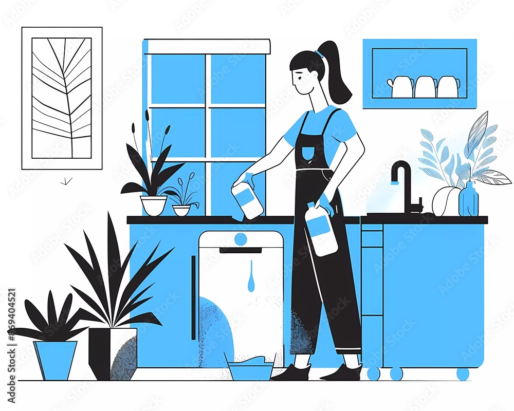 A flat illustration of woman cleaning home with water bottle, vector ...
