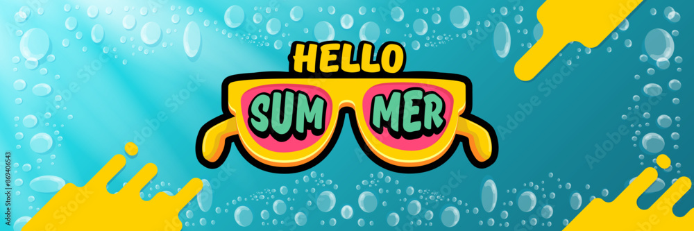 Super Hello summer vector banner with text and retro yellow sunglasses ...