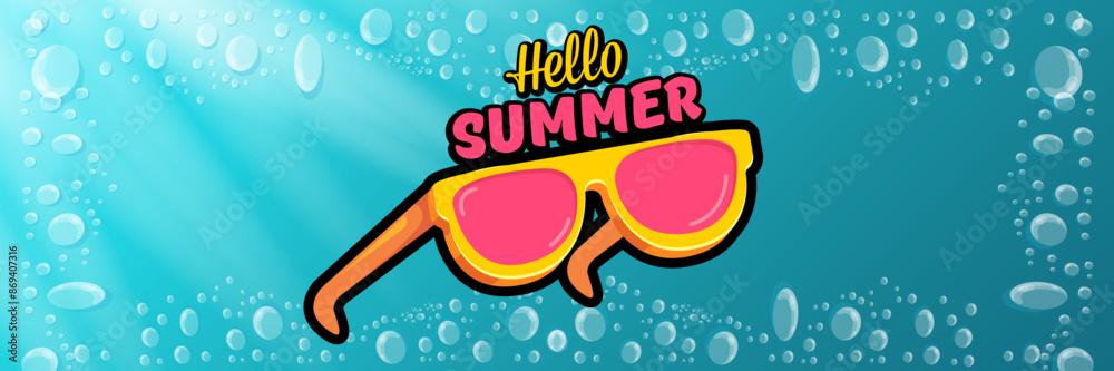 Super Hello summer vector banner with text and retro yellow sunglasses ...
