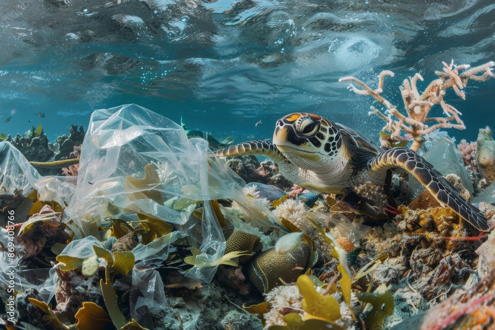 plastic pollution on marine life, injured sea creature turtle trapped ...