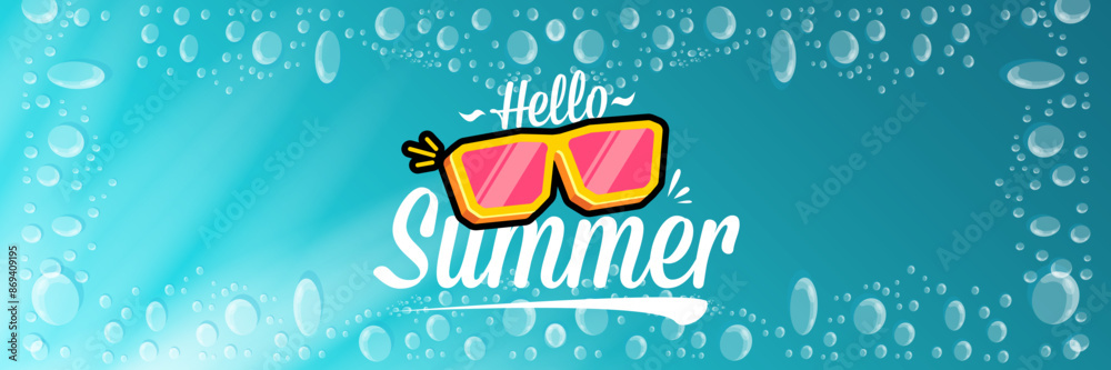 Super Hello summer vector banner with text and retro yellow sunglasses ...