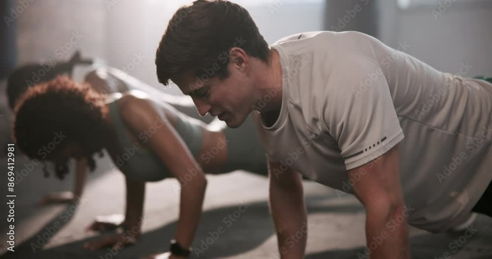 Gym, push ups and friends with endurance for training, exercise and ...