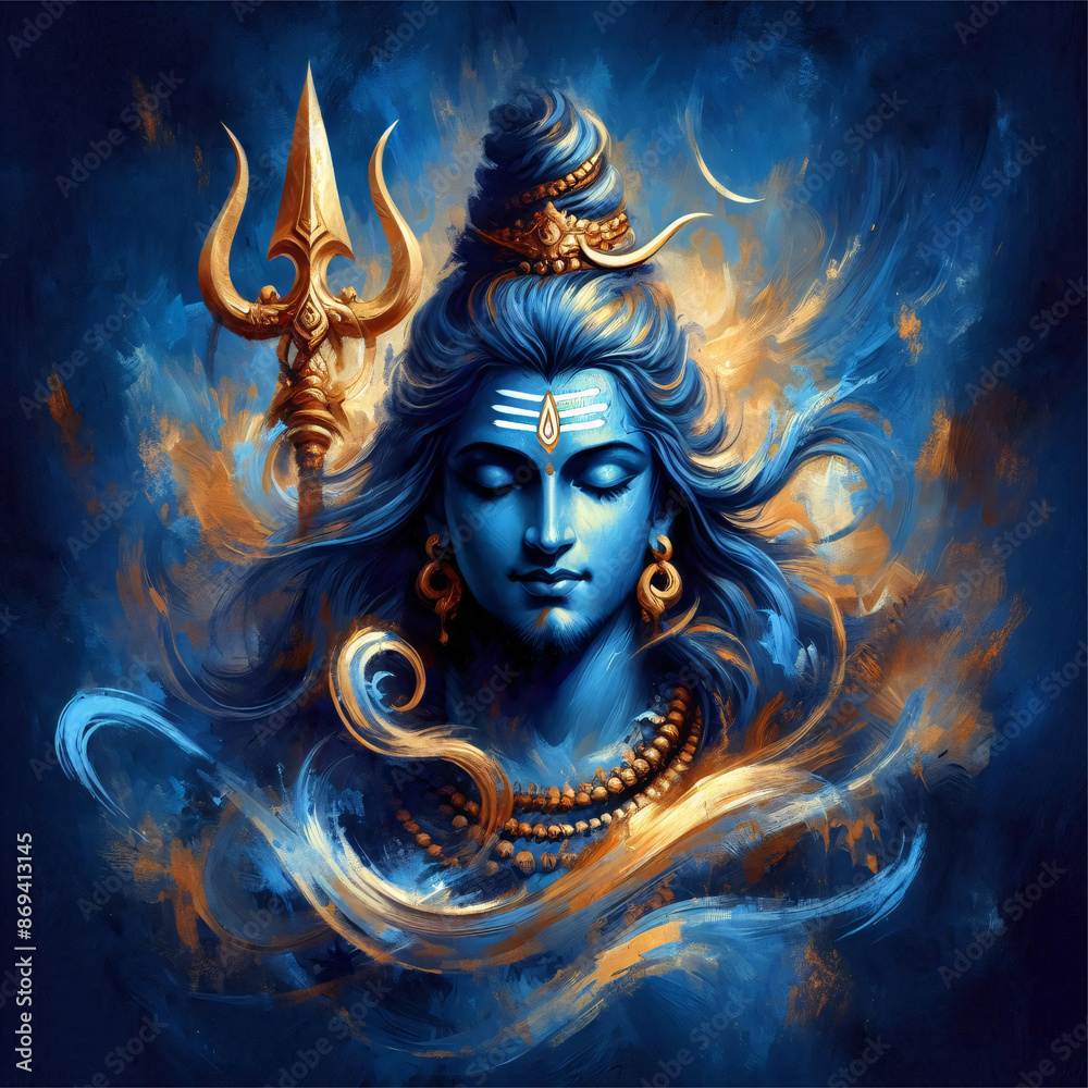modern blue and golden oil paint brush stroke art of lord shiva sitting ...