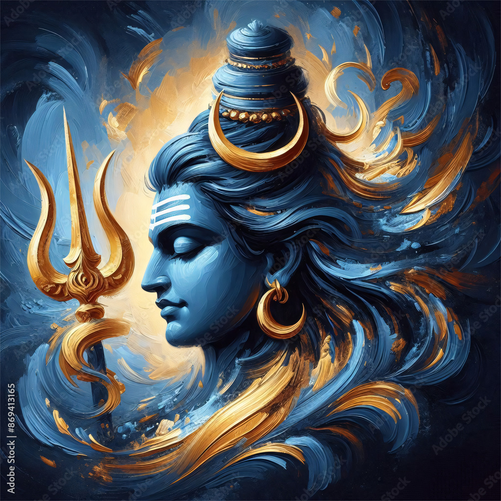 modern blue and golden oil paint brush stroke art of lord shiva with ...
