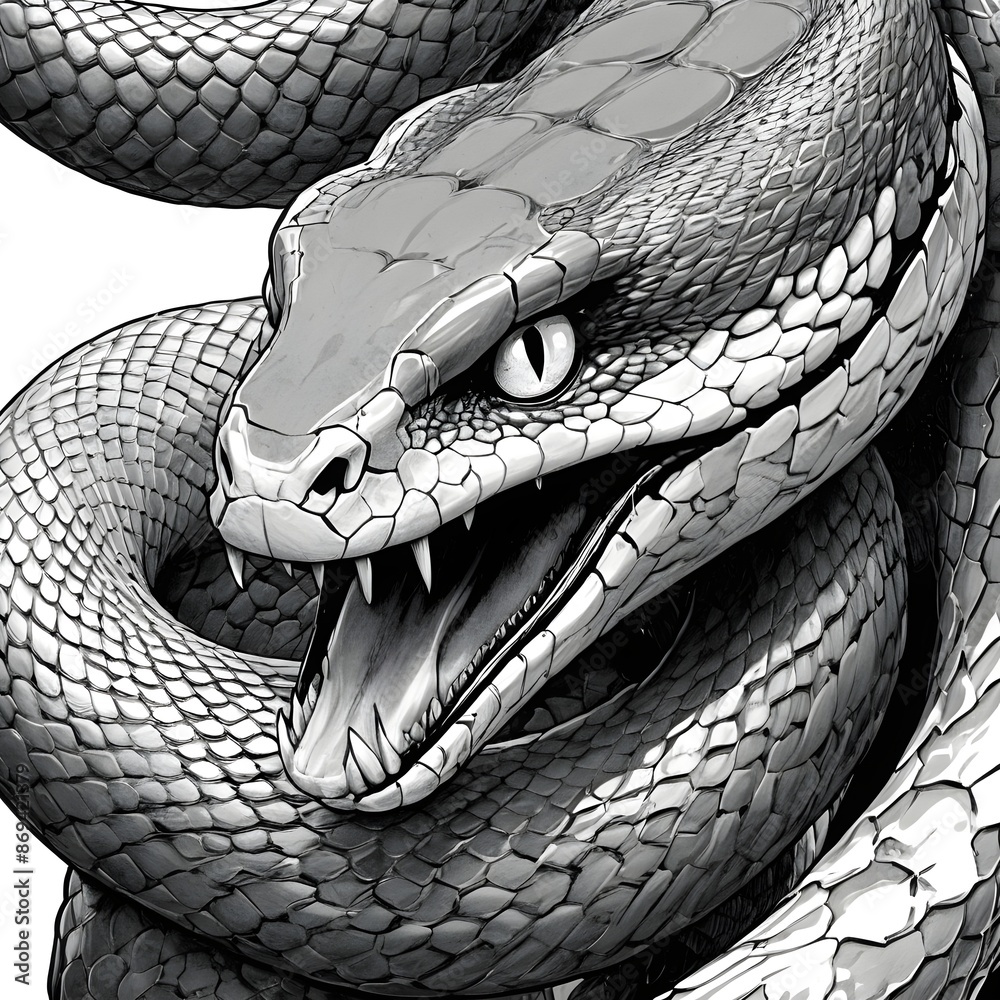 Intense black and white drawing of a coiled snake with sharp fangs ...