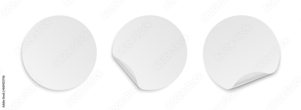 Blank round adhesive stickers set with curved corner. Realistic circle ...