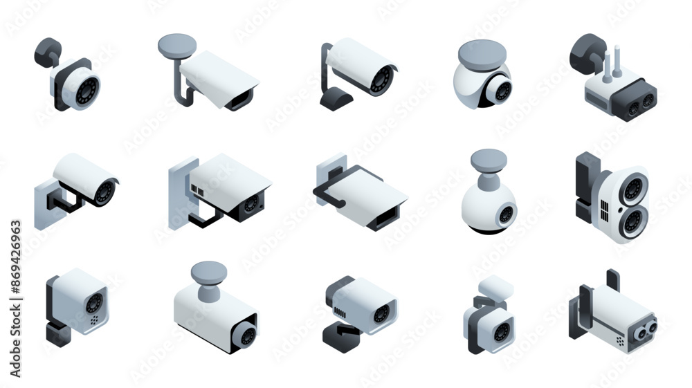 Set of isometric security cameras. Icons with different CCTV or ...