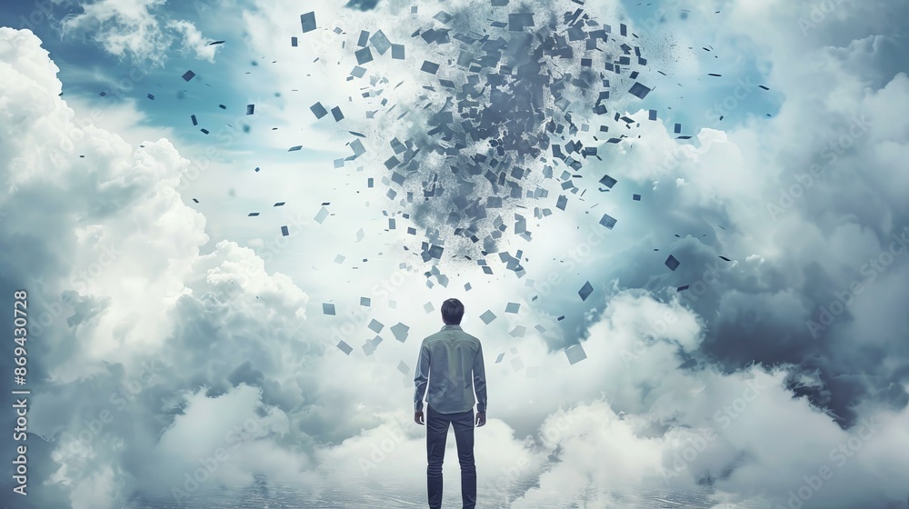 Man witnessing information overload in the sky. A man stands in awe of ...