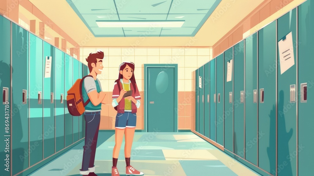 Student and teacher chatting in school corridor. Cartoon background ...