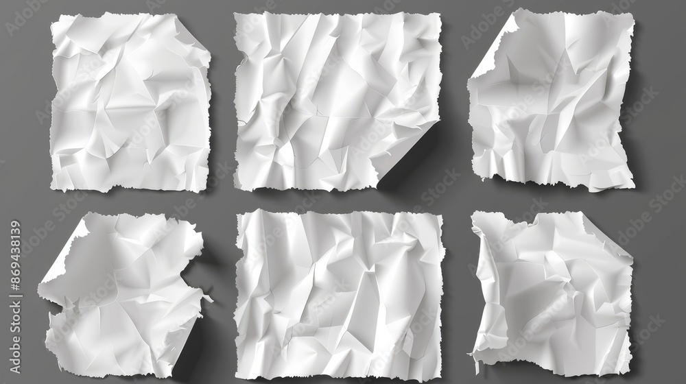 A set of crumpled torn ripped paper sheets with uneven edges. Ragged ...