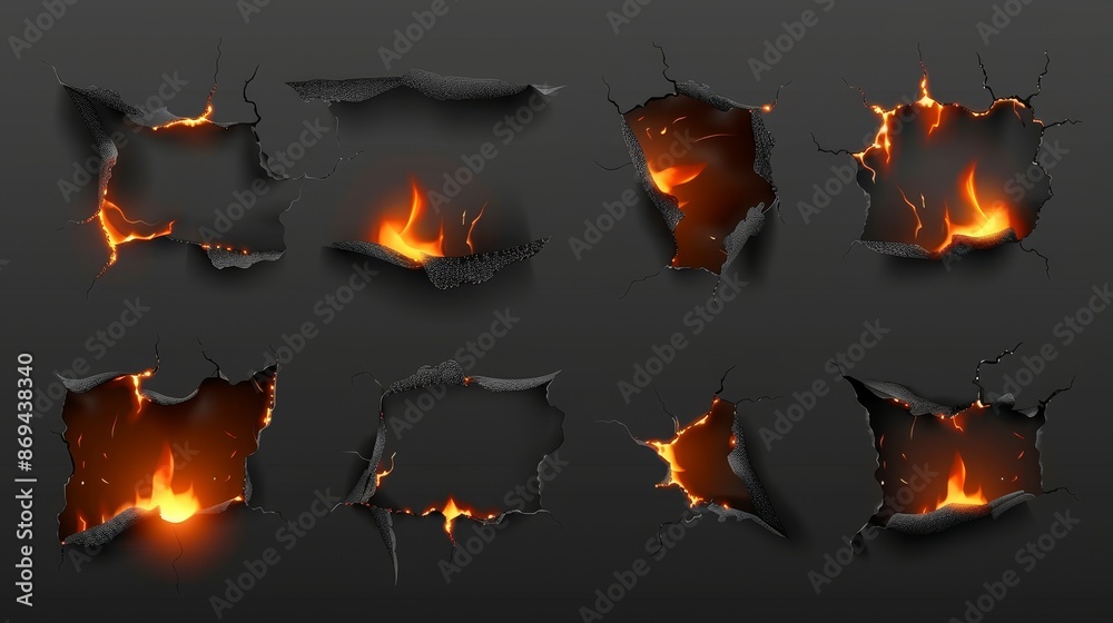 Modern burned edge paper hole corner effect set on transparent ...