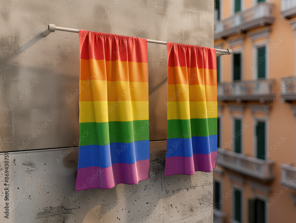 Rainbow Pride Flags Hanging From Building Windows, Visible Support for ...