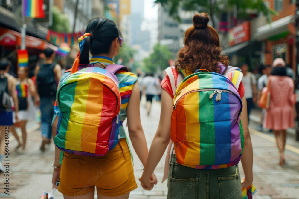 Two women walking hand-in-hand at a Pride parade, both wearing rainbow ...