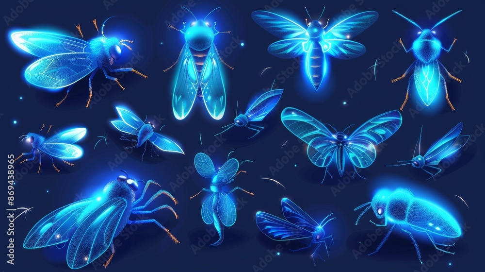 A blue firefly glowing at night on a transparent background. Magic bug ...