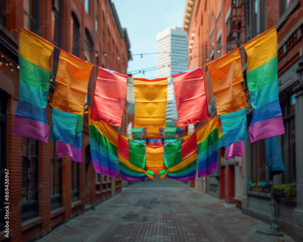 Vibrant Rainbow Pride Flags Decorate City Street, Celebrating LGBTQ+ ...