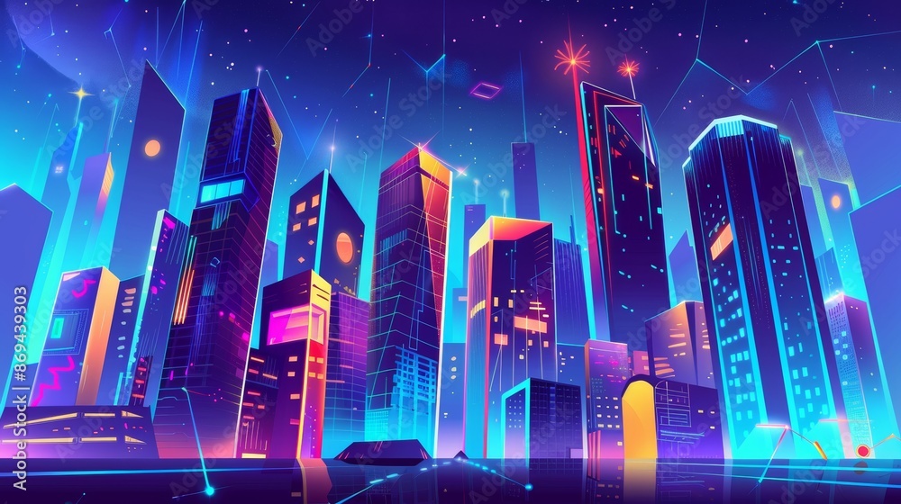 An illustration of a nighttime cityscape with skyscrapers and ...