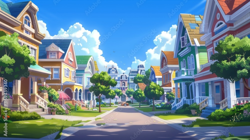On a sunny day, a suburban town street is seen against a mountain ...