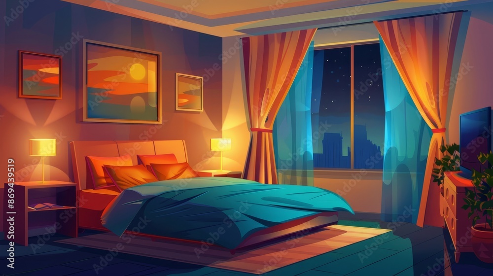 Cartoon illustration of a bedroom interior decorated with a double bed ...