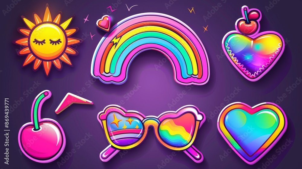 Psychedelic rave icons with love symbol, cherry and heart shaped ...