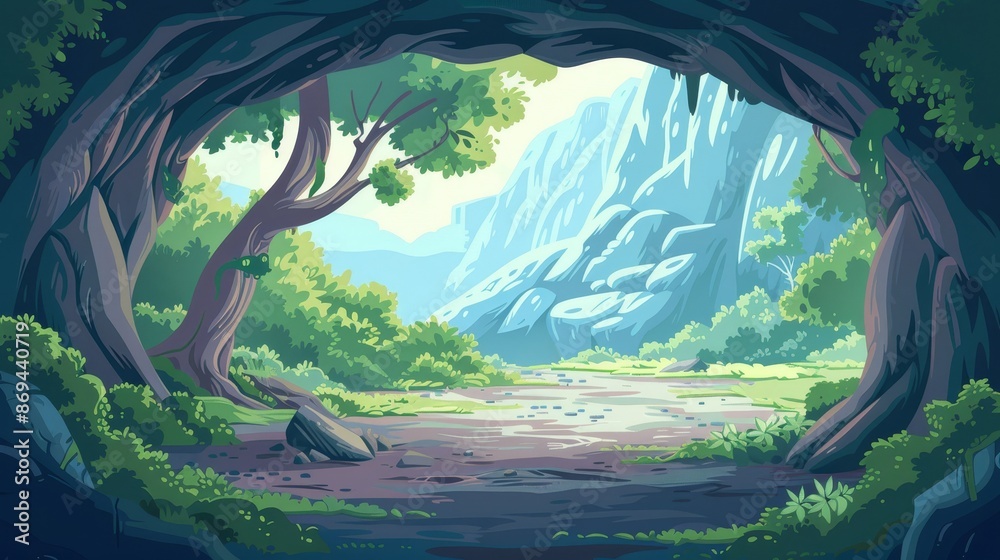 Jungle landscape through a cave hole with stone walls and stalactites ...