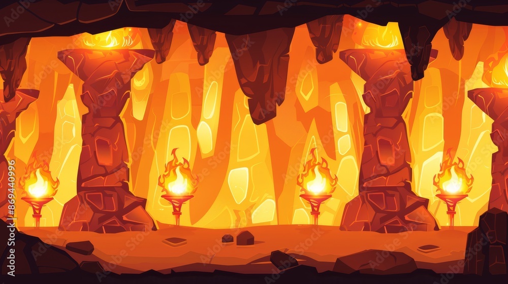 Game background with lava cave. Fantasy hell landscape with fire magma ...