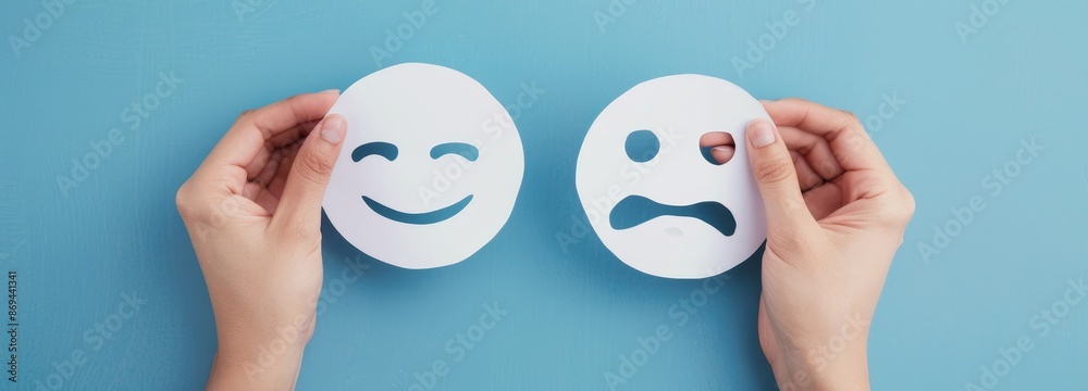 An image showing a sad and happy face in the hands, a mental health ...