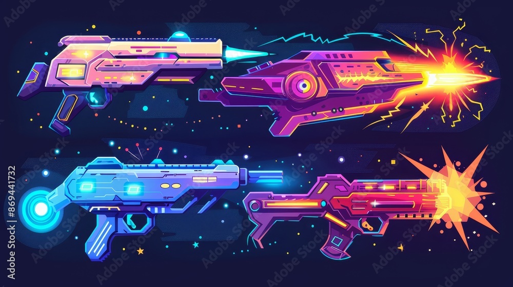 The modern cartoon set has space guns with vfx effects, explosions ...
