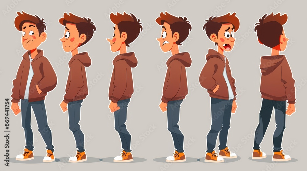 A man is shown standing, facing to the right, facing the left, and ...