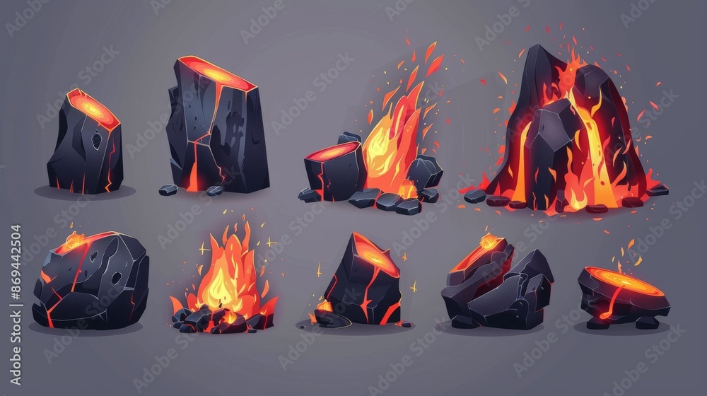 This cartoon illustrates a volcano ground texture with lava flowing ...