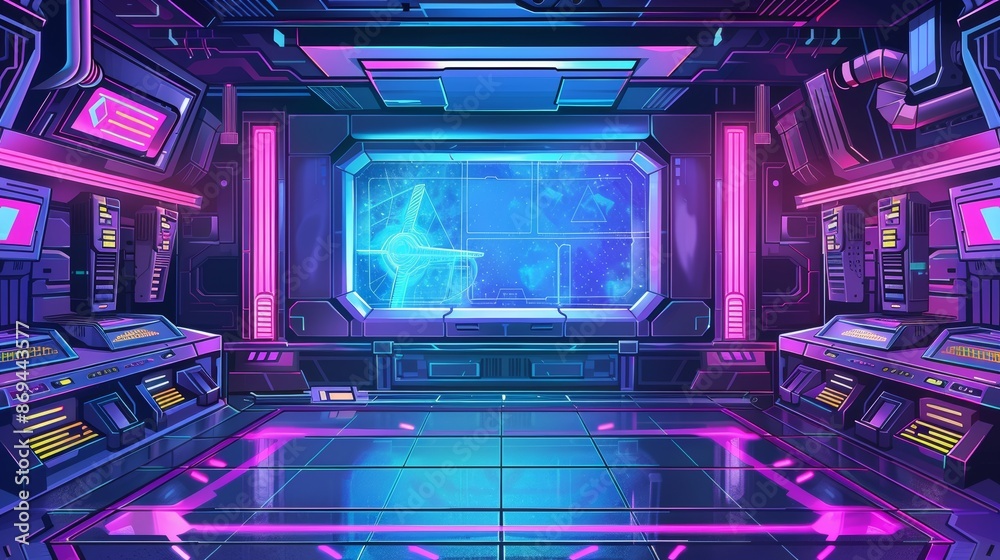 Spaceship interior with doors and windows. 2D digital shuttle inside ...