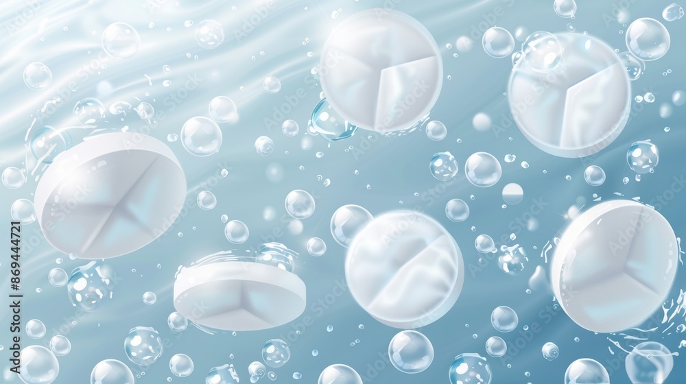 Modern realistic mockup of white round fizzy tablets dissolving in ...