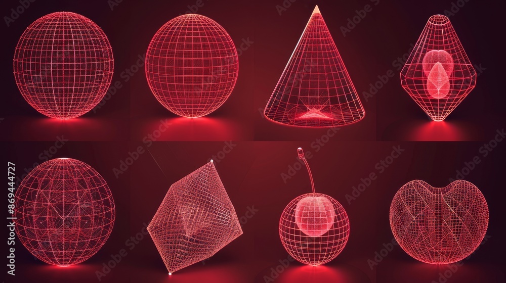 Isolated red wireframe shapes set on a background. 3D grid geometric ...