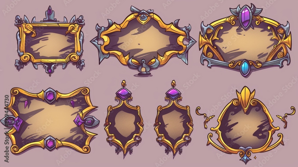 RPG game UI design with gold and silver frames in the medieval style ...