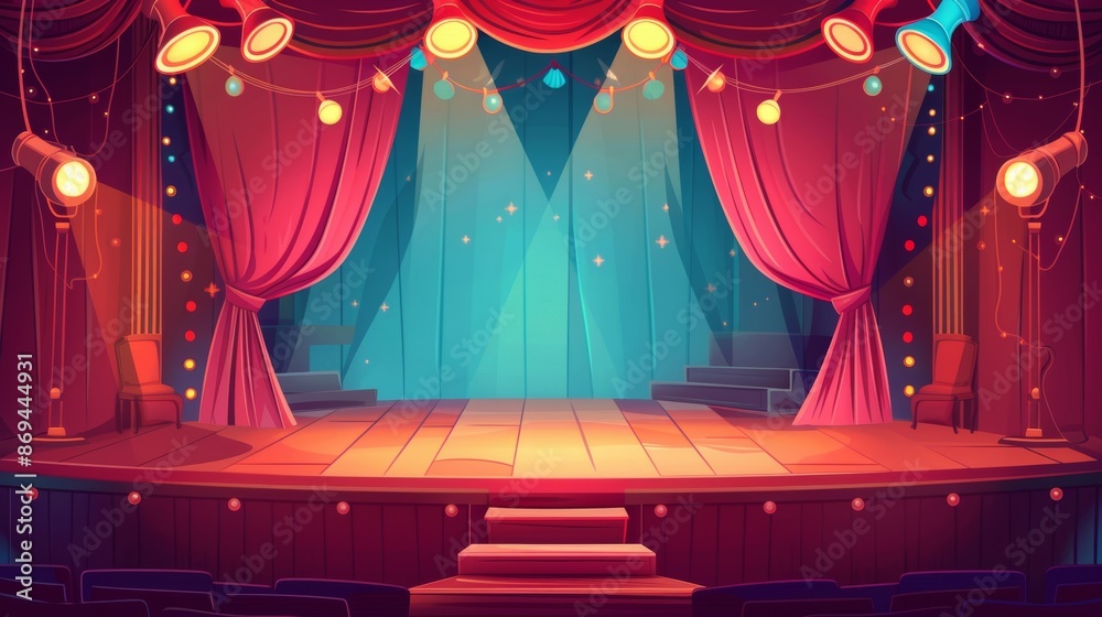 Cartoon theater stage background with 2D separated layers. Red curtains ...