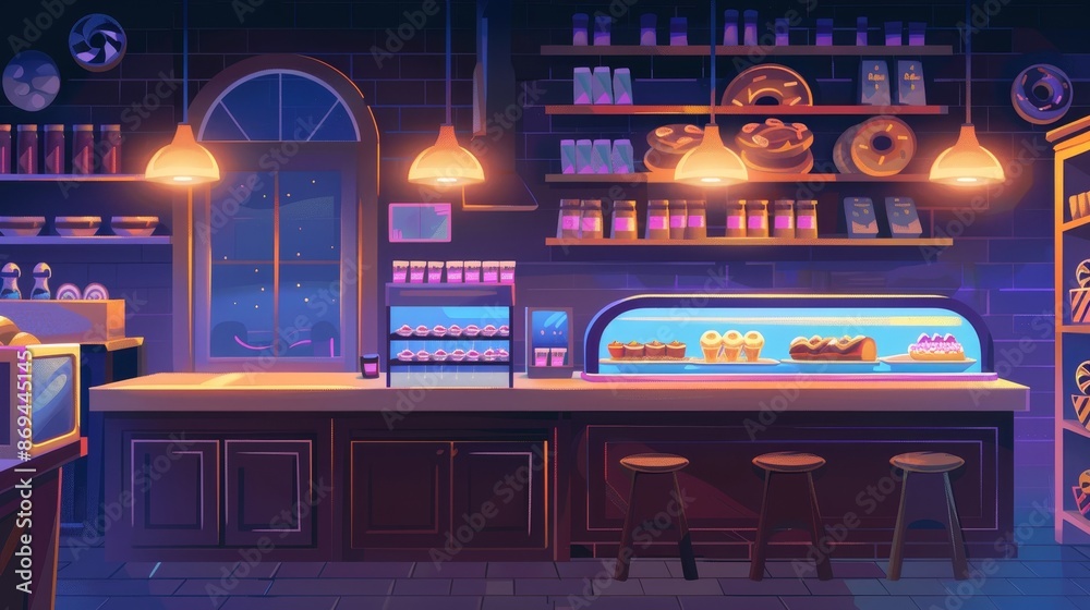 A night bakery shop interior with a cartoon background. Cakes and sweet ...