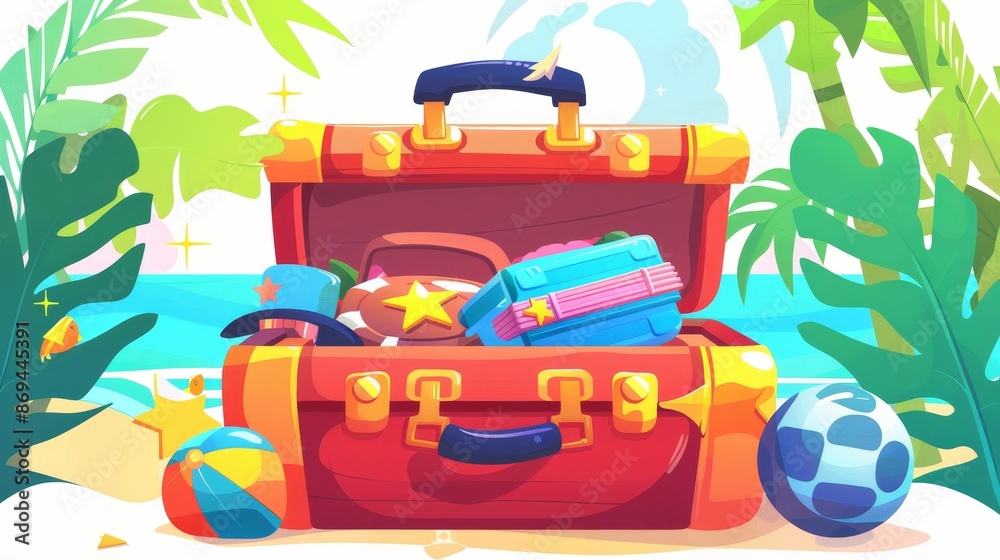 Cartoon set of side and top views of a packed suitcase with luggage ...