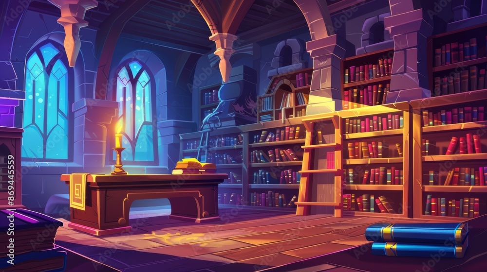 Wizard and witch school room interior. Cartoon modern medieval ...