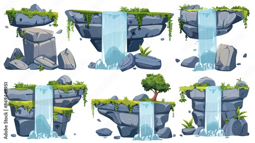 Isolated stream element with waterfall cascade cartoon icon. Water fall ...