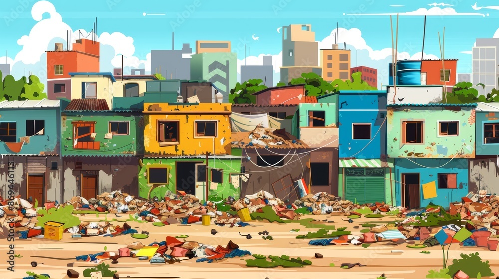 Cartoon neighbourhood with favela and abandoned dwellings. Dilapidated ...
