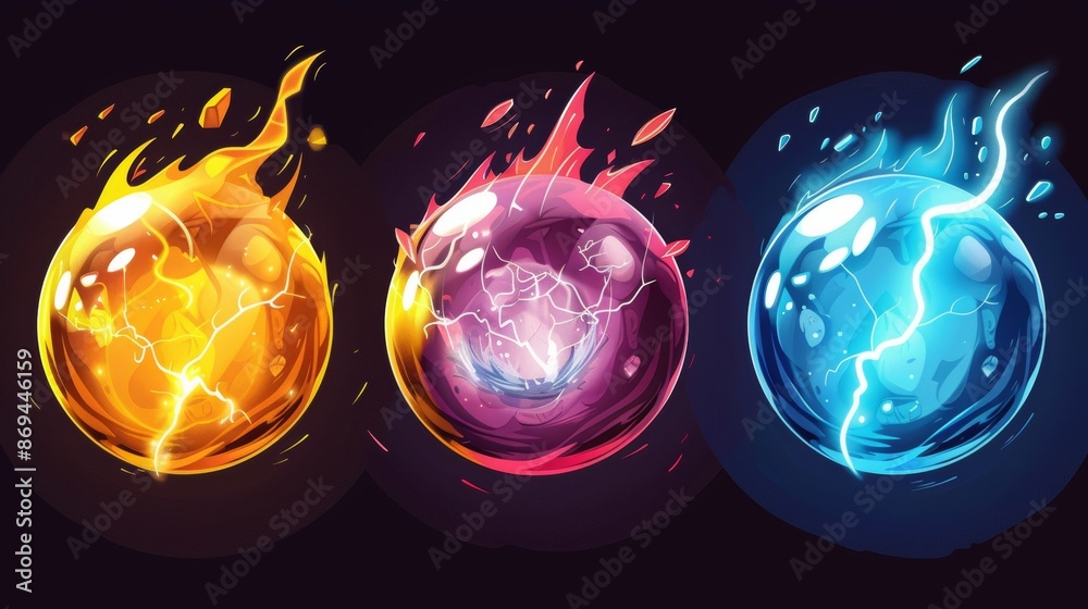 Optical orb ball game icon with fire glow. Crystal power sphere and ...