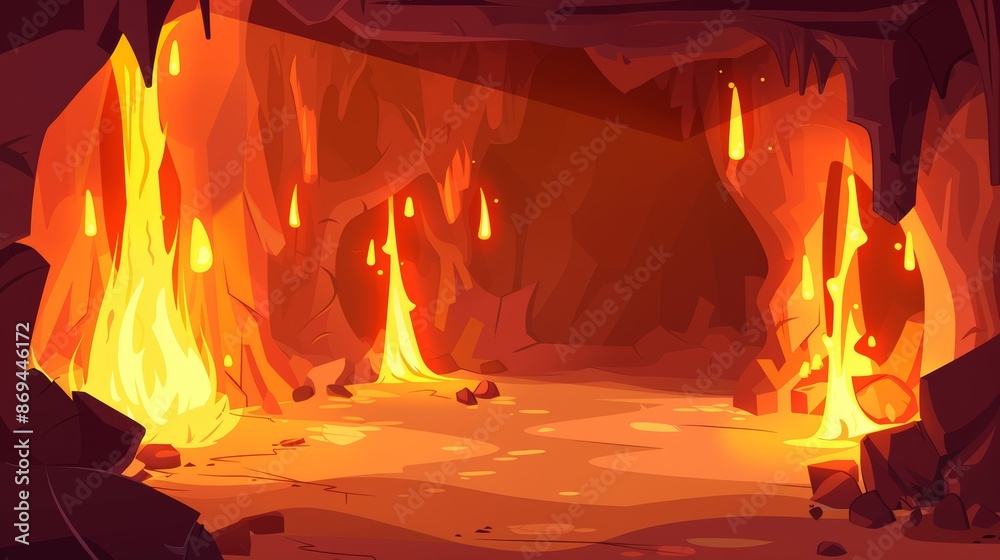 Infernal lava cave background. Fantasy hell landscape. Fire magma and ...