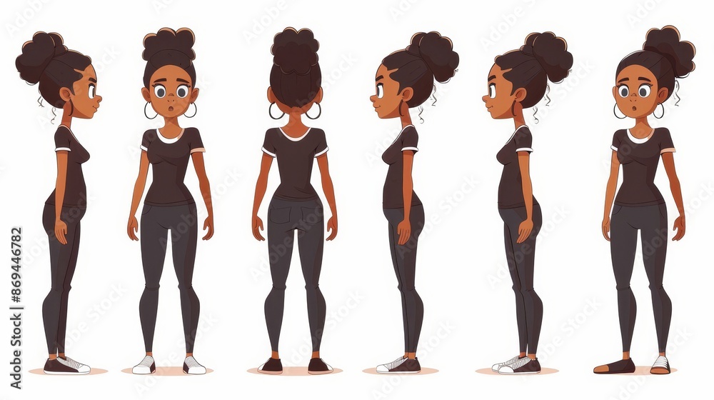 Animation of black woman character. View from side, rear, front and ...