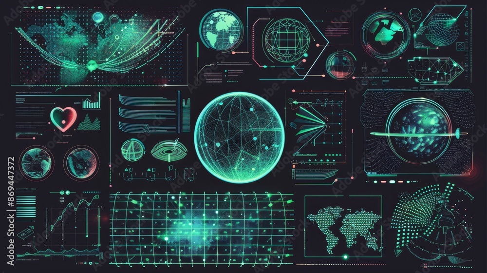 An illustration of retrowave posters with neon green wireframe torus ...