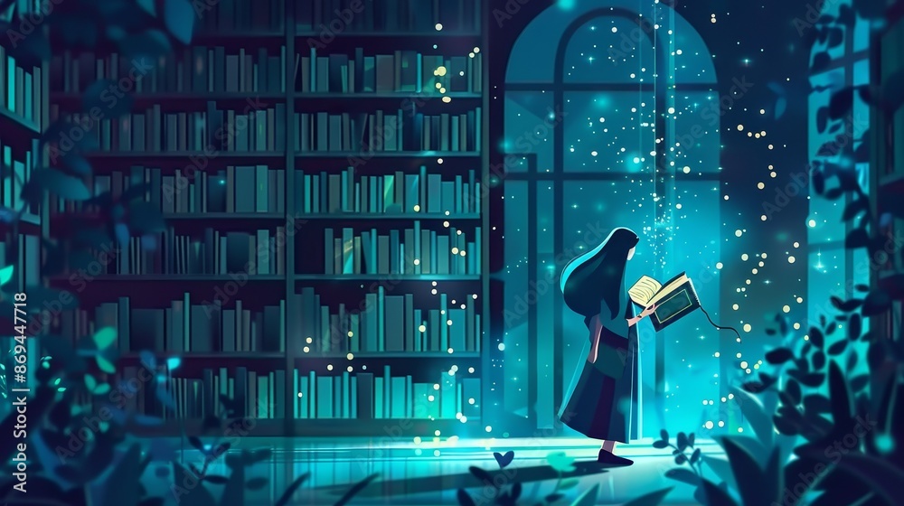 Mystic fairytale legend and woman enchanted by literature at night ...